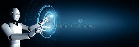 Mlp Ai Humanoid Robot Touching Virtual Hologram Screen Showing Concept