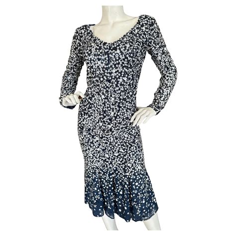 Michael Kors Collection Long Sleeve Blue Dress With Flower Sequin