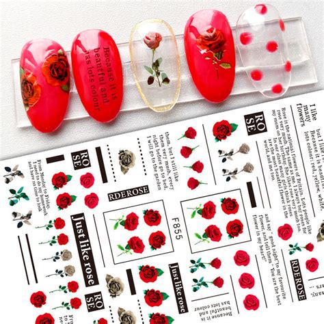 Badu Bg Пролетни стикери за ноктопластика Червена бяла роза Флорален дизайн Плъзгачи Листа Линии