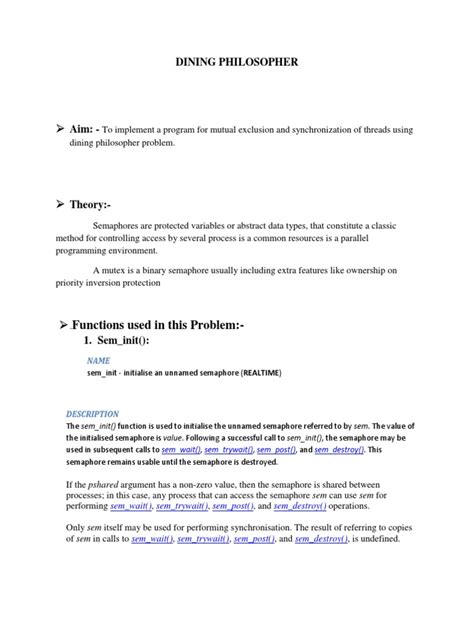 Dining Philosopher Functions Used In This Problem Pdf Thread