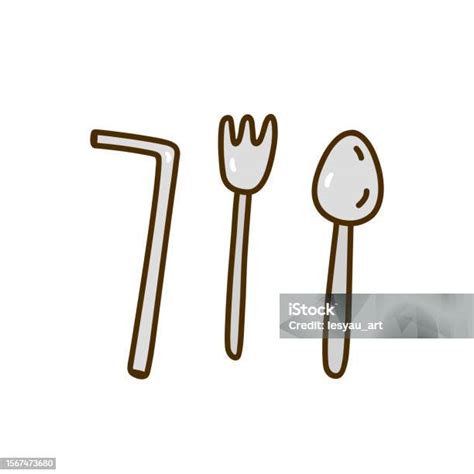 재사용 가능한 강철 수저 포크 숟가락 빨대는 흰색 배경에 분리된 음료용입니다 낙서 스타일의 벡터 손으로 그린 그림입니다 장식 로고에 적합합니다 폐기물 제로 생태 개념 감소에