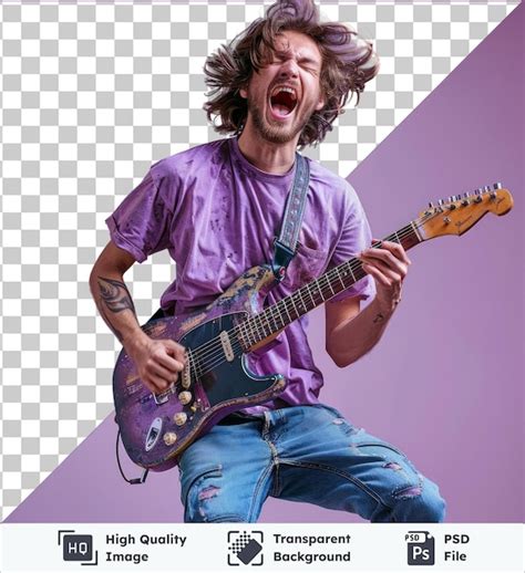 Fundo Transparente Psd Cantor De Corpo Inteiro Emocionado Jovem Feliz Ele Usa Camiseta Roxa