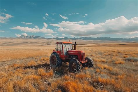 A Farmer Driving A Red Tractor Through A Field Working The Land