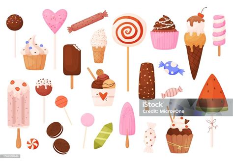 달콤한 막대 사탕과 아이스크림 캐러멜과 사탕 초콜릿 크림 디저트 와플 콘 아이스 캔디 롤리팝 고립 된 아늑한 벡터 음식 아이콘 개체 그룹에 대한 스톡 벡터 아트 및 기타