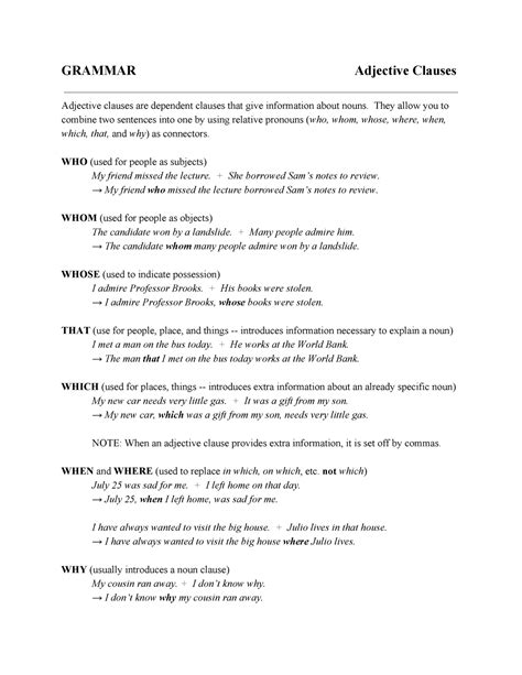 Adjective Clauses Grammar Course Work Grammar Adjective Clauses Adjective Clauses Are
