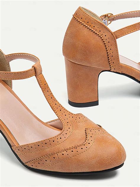 Womens Elegant Vintage T Strap Chunky Heel Pumps Brown Brogue
