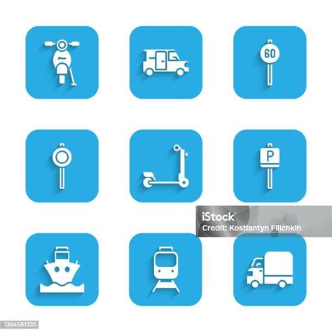 세트 스쿠터 기차 및 철도 배달화물 트럭 주차 화물선 도로 교통 표지판 속도 제한 및 아이콘 벡터 거리에 대한 스톡 벡터 아트