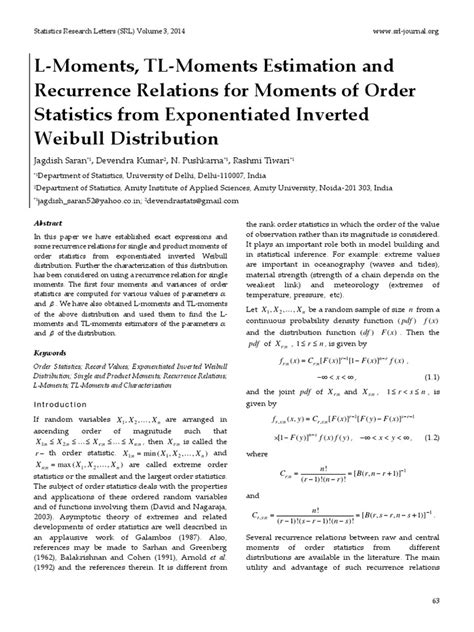 L Moments Tl Moments Estimation And Recurrence Relations For Moments Of Order Statistics From