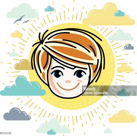 백색 인종 종류 여자 얼굴 긍정적인 감정을 벡터 인간의 머리 그림 표현입니다 아름 다운 빨간 머리 유행 머리와 행복 한 아이입니다 개성 개념에 대한 스톡 벡터 아트 및 기타