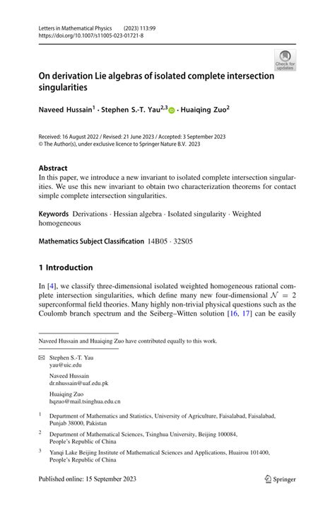 Pdf On Derivation Lie Algebras Of Isolated Complete Intersection