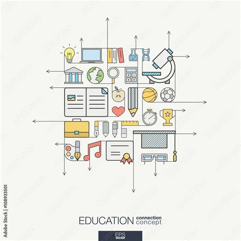 Education Integrated Thin Line Symbols Modern Color Vector Concept With Connected Flat Design