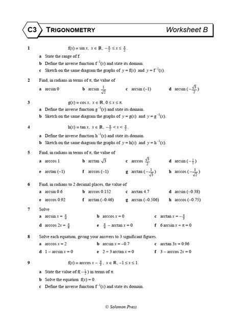 Worksheet B Inverse Trigonometric Functions Solutions Pdf Trigonometric Functions
