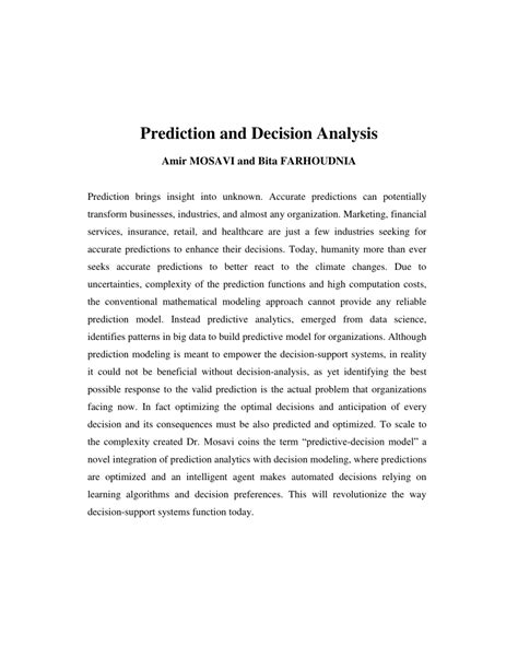 Pdf Prediction And Decision Analysis