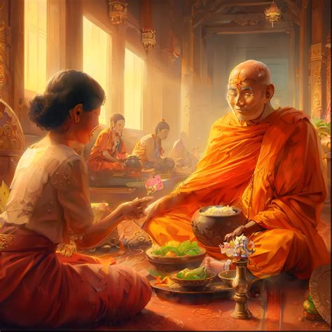 Buddhist Monk Giving Food To A Woman In A Temple Seaart Ai
