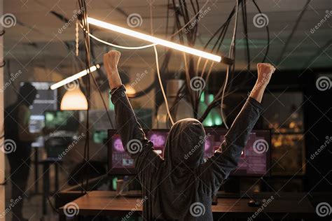 Happy Thief Celebrating Security Breach And Hacking Computer System Stock Image Image Of