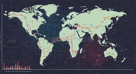 World Map With Major Continents Highlighted Red Lines Trace Interconnected Routes Stock