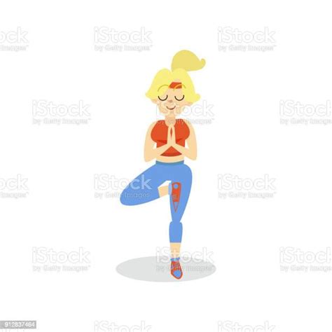 젊은 여자는 Vrksasana 위치 체육관 활성 건강 한 생활 만화 벡터 일러스트 레이 션 또는 피트 니스 클럽에서 운동 하는