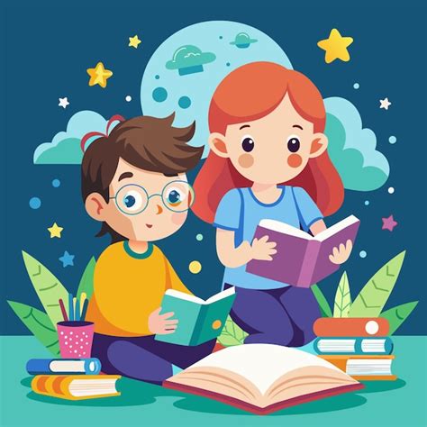 Una Ilustración De Dibujos Animados De Dos Niños Leyendo Un Libro Y El