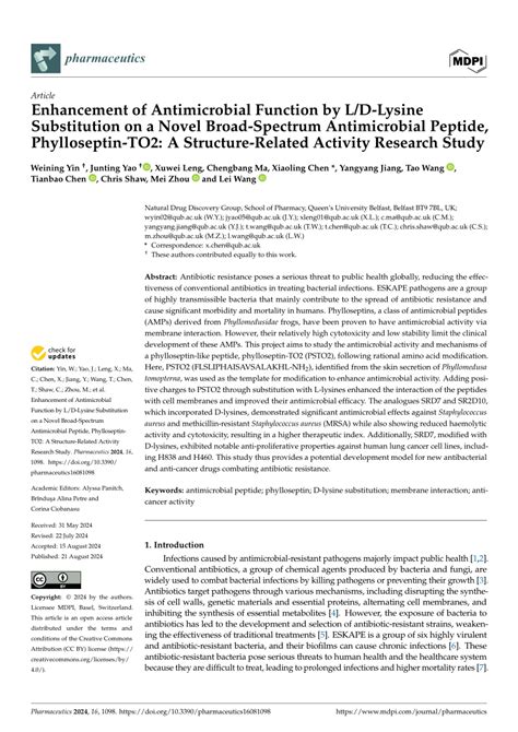 Pdf Enhancement Of Antimicrobial Function By Ld Lysine Substitution On A Novel Broad Spectrum
