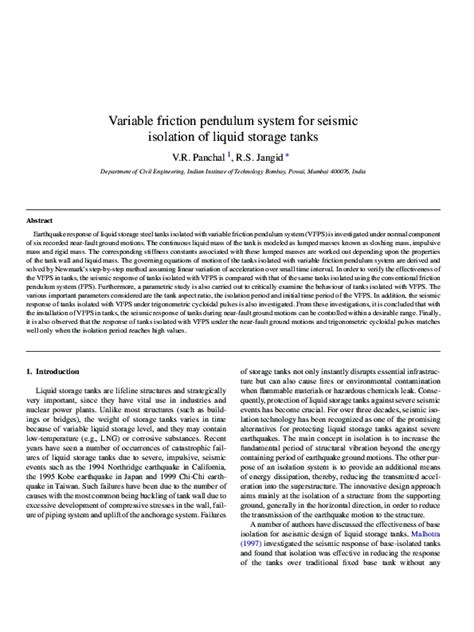 Pdf Variable Friction Pendulum System For Seismic Isolation Of Liquid Storage Tanks