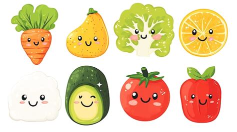 Cute Cartoon Fruit And Vegetables With Happy Faces Premium Ai