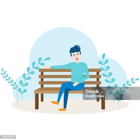 젊은 남자 캐릭터 앉아서 공공 공원 정원 만화 벡터 일러스트에서 벤치에 휴식 개념에 대한 스톡 벡터 아트 및 기타 이미지