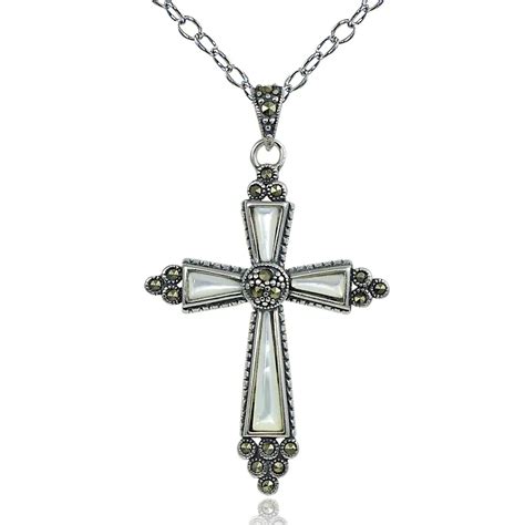 Womens Sterling Silver Necklace Mother Of Pearl Cross Accent Necklace