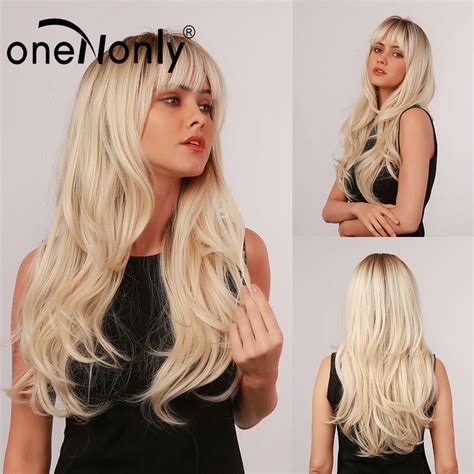 Onenonly 긴 옴브레 브라운블론드 합성 가발 앞머리 포함 자연스러운 웨이브 앞머리 포함 여성용 코스프레 가발 데일리 파티 자연스러운 내열성 가발합성