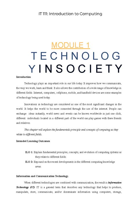 Module 1 Technology In Society 1 It 111 Introduction To Computing