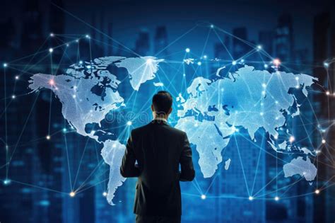 Man Looking At The Screen With Telecommunication And Data Transfer Connection Lines On World Map