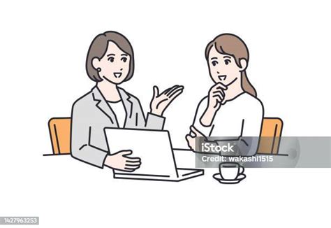 양복을 입은 여성과 상담하는 젊은 여성의 벡터 일러스트 레이 션 자료 2명에 대한 스톡 벡터 아트 및 기타 이미지 2명 여자 여자만 Istock