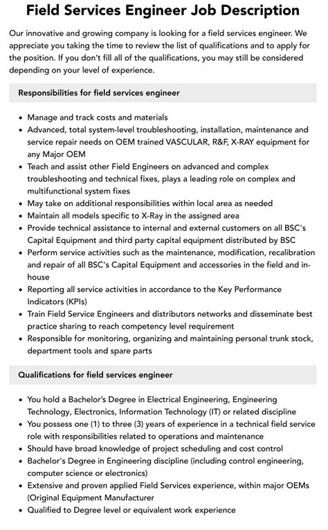 Field Services Engineer Job Description Velvet Jobs