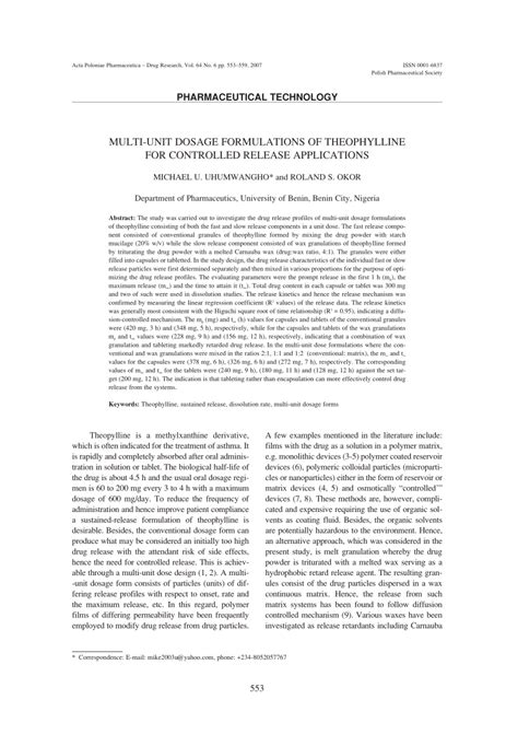 Pdf Multi Unit Dosage Formulations Of Theophylline For Controlled