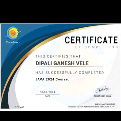 Completed Java Course With Shashi Bagal Sir Dipali Vele Posted On The
