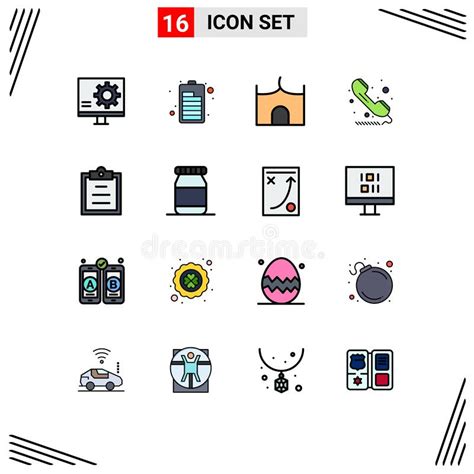 Modern Set Of 16 Flat Color Filled Lines And Symbols Such As Telephone Public Castle Phone