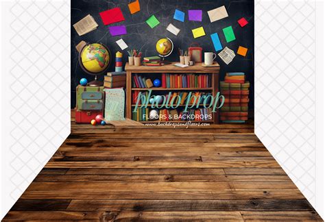 Back To School Classroom Photography Backdrop Blackboard Chalkboard Globes Books Trunks
