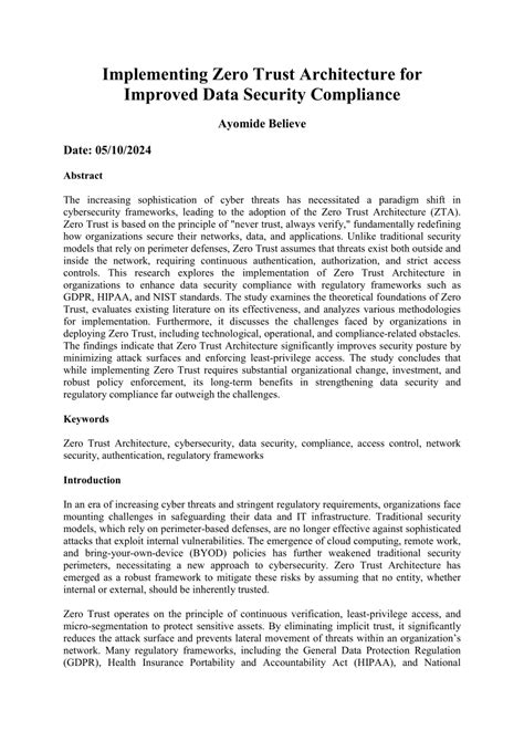 Pdf Implementing Zero Trust Architecture For Improved Data Security Compliance