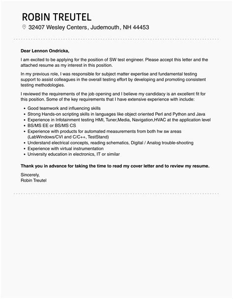 Sw Test Engineer Cover Letter Velvet Jobs