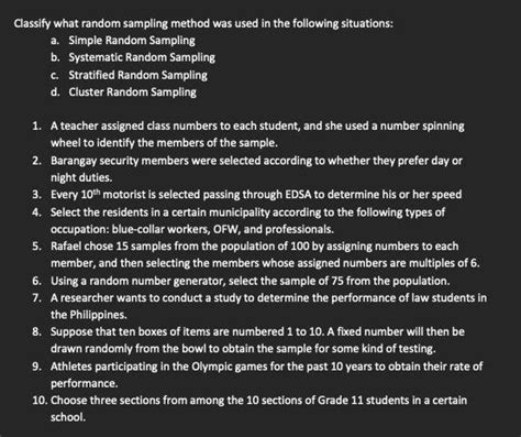 Solved Classify What Random Sampling Method Was Used In The