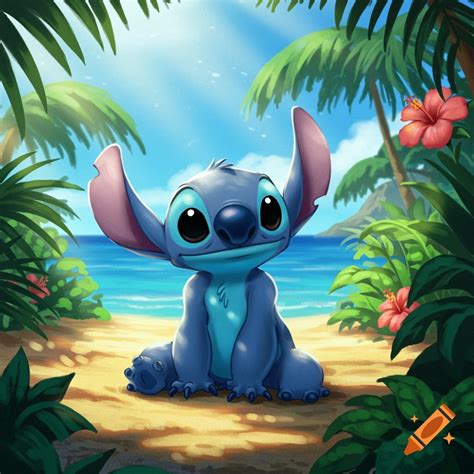 Disneys Stitch Sitting Against A Purple And Pink Nebula Background On
