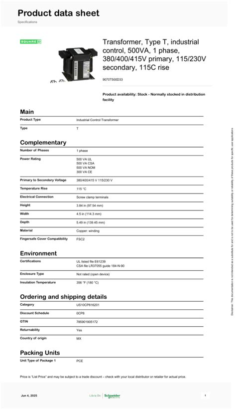 9070t500d33 Transformer Data Sheet 500va Industrial Control