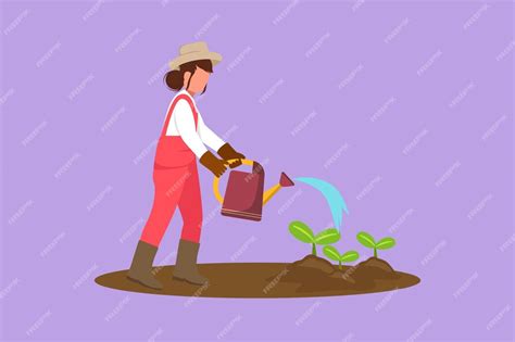 물 깡통으로 식물에 물을 주는 여자의 캐릭터 플랫 드로잉 농부의 농업 활동 정원에서 일 농업 작업 종자 식물에 물을 주는 여성
