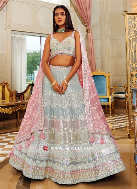 Pista Green Wedding Lehenga Choli With Multi Color Sequins Work