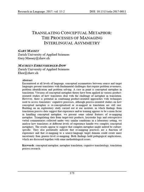 Translating Conceptual Metaphor The Processes Of Managing Interlingual Asymmetryresearch In