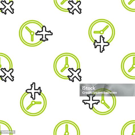 비행기 아이콘이 있는 라인 시계는 흰색 배경에 이음매 없는 패턴을 분리했습니다 출발 전 시간 지정 항공편 체크인 및 도착 시간 기호 벡터 개념에 대한 스톡 벡터 아트 및