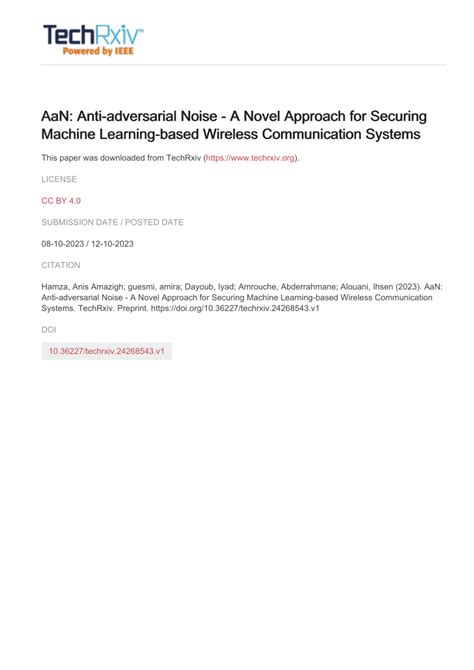 PDF AaN Anti Adversarial Noise A Novel Approach For Securing Machine Learning Based Wireless