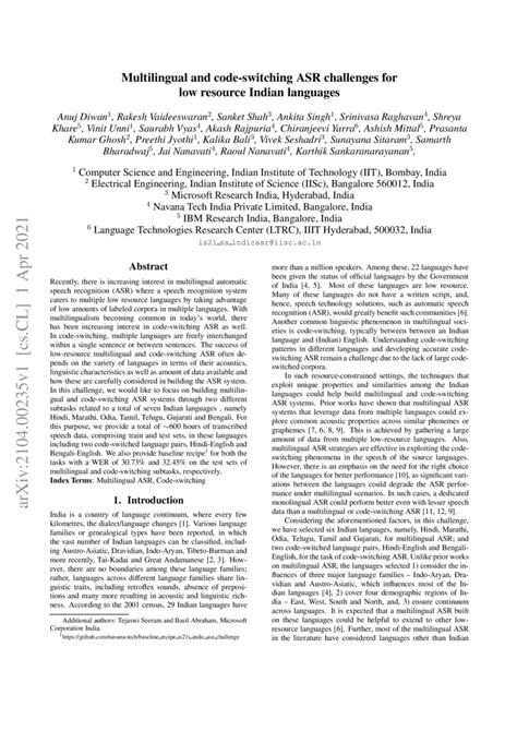 Multilingual And Code Switching Asr Challenges For Low Resource Indian Languages Deepai