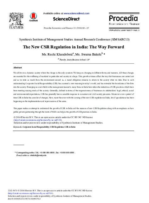 Pdf The New Csr Regulation In India The Way Forward