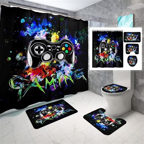 4 Pcs Gamer Bathroom Sets For Boys Game Shower Curtain Set With Curtain