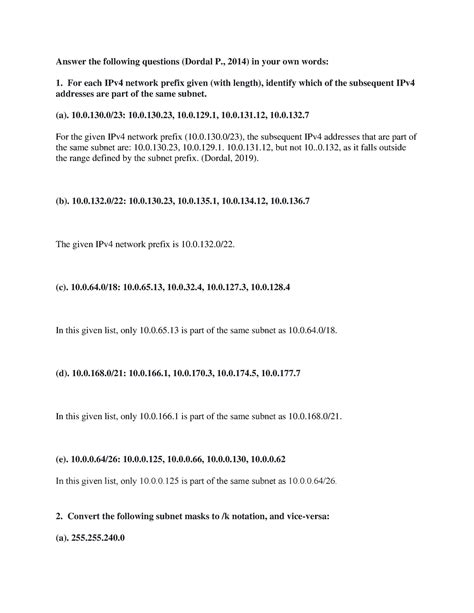 Answer The Following Questions 2014 In Your Own Words For Each Ipv4 Network Prefix Given